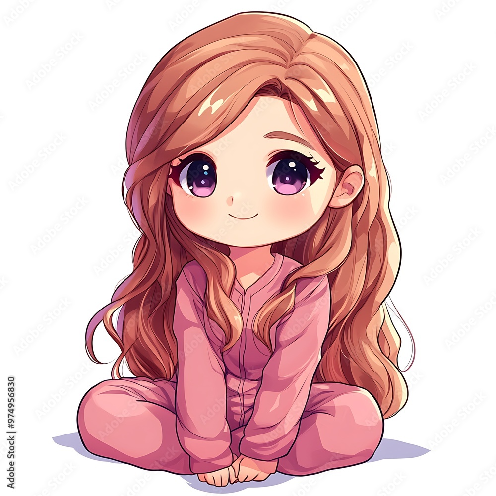 Cute anime chibi girl with long brown hair in pink pajamas sitting with ...