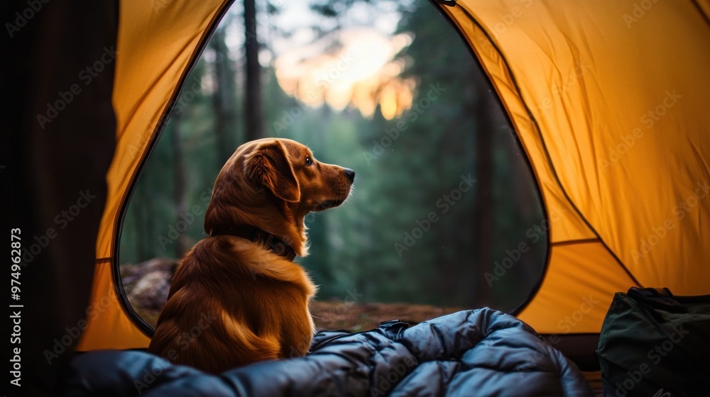 A dog goes camping, camping at night in dramatic light. The dog looks ...