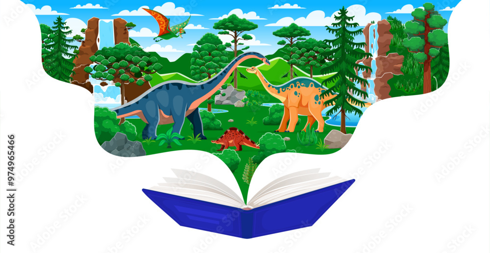 School textbook with prehistoric dinosaurs at Jurassic era landscape ...