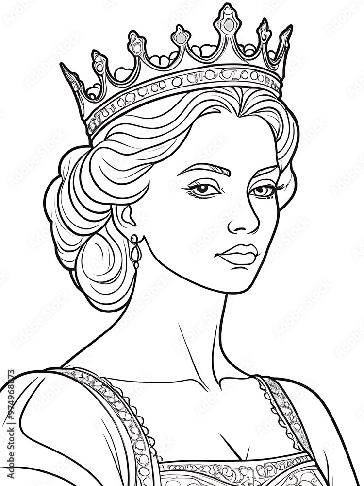 Drawing of a woman with a crown on her head illustration coloring page ...
