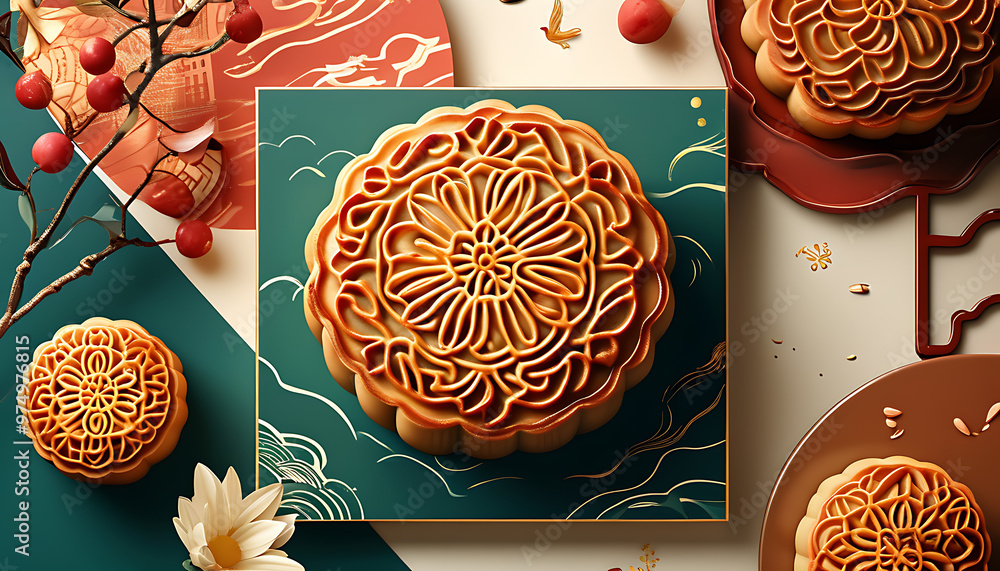 Design a mooncake poster for the Mid-Autumn Festival, showcasing ...