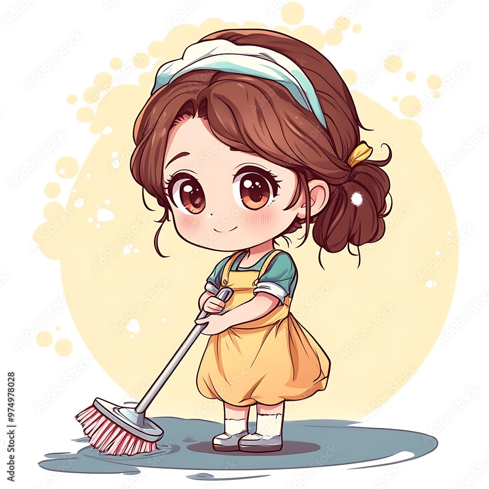 Cute cartoon girl cleaning with a broom in yellow overalls Stock ...