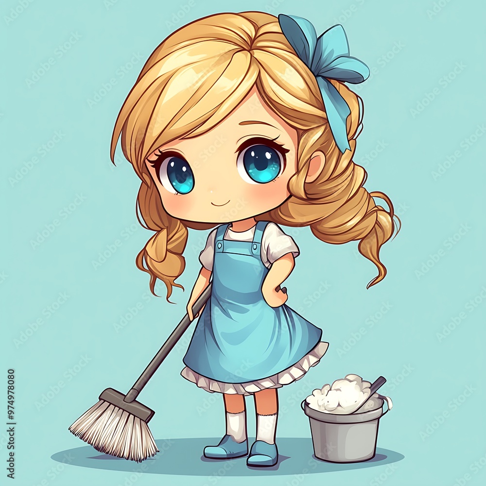 Cute chibi girl in blue dress cleaning with broom and bucket. Cartoon ...