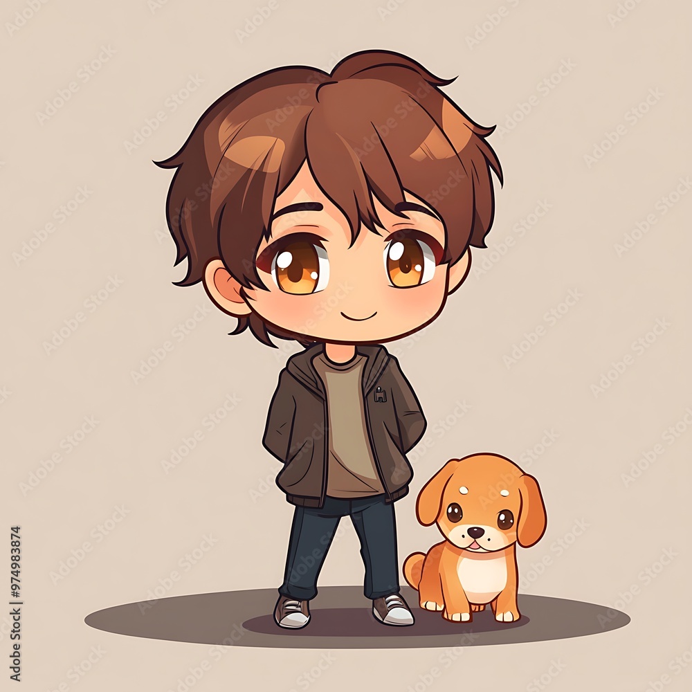 Cute chibi boy character with his puppy dog pet. Cartoon illustration ...