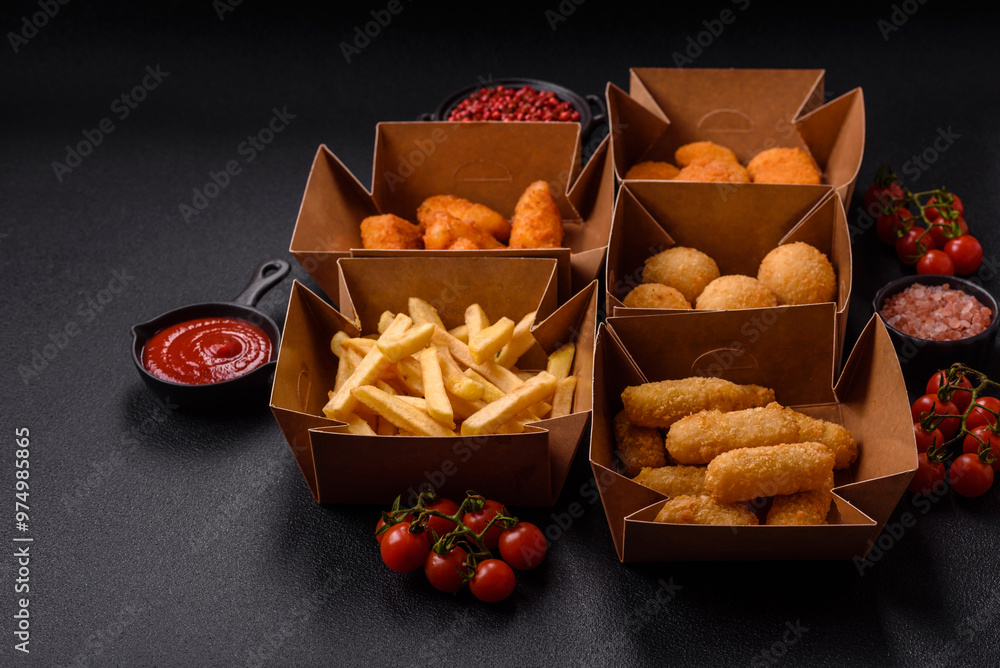 Fast food french fries, brie fries, cheese balls, cheese sticks and ...