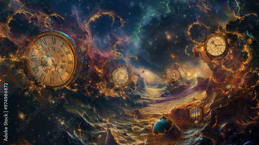 An endless stream of clocks flowing through a cosmic landscape, time ...