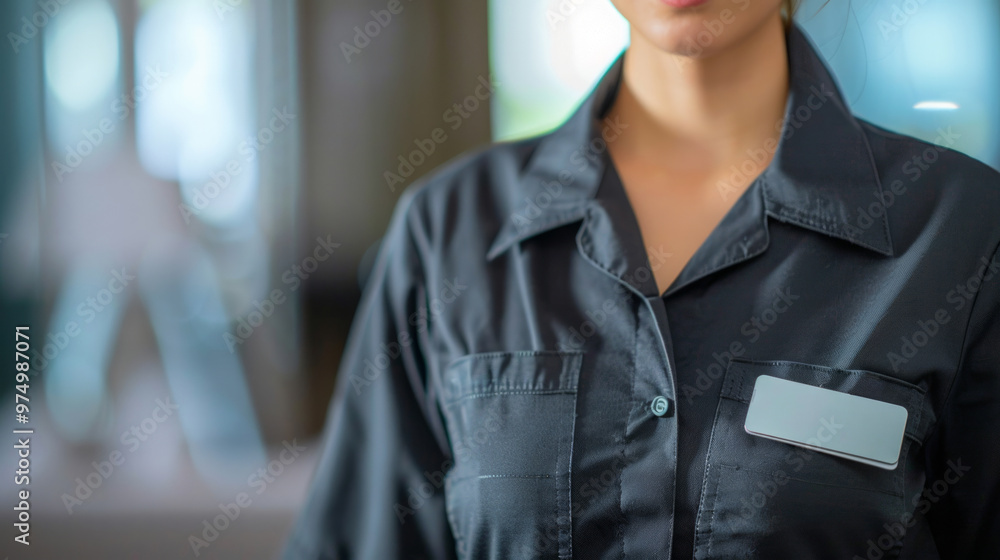 Close-up view of a housekeeping uniform and name tag worn by a staff ...