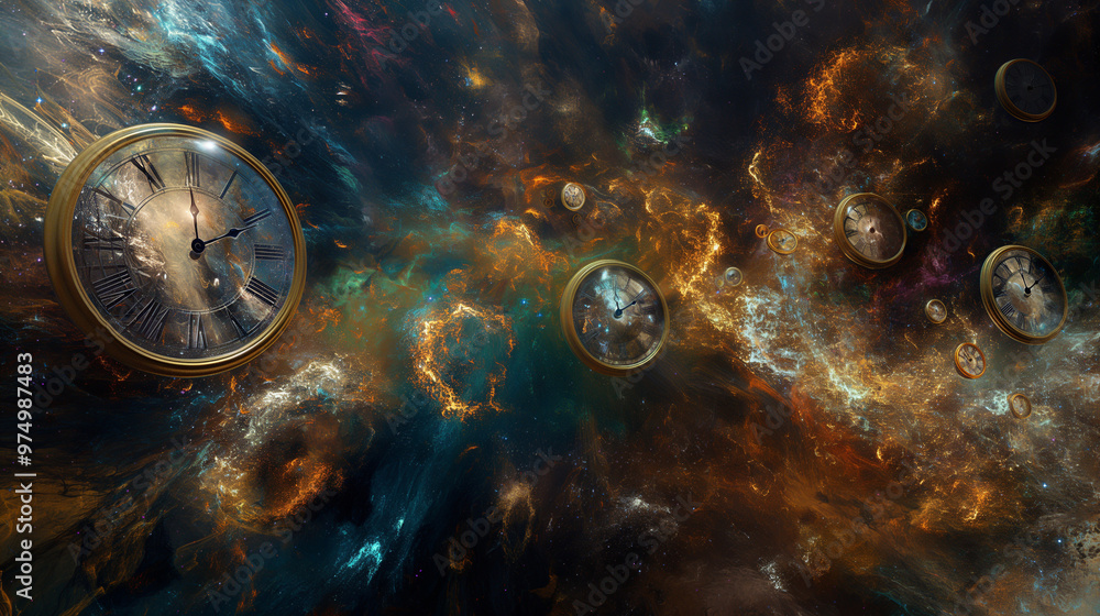 An endless stream of clocks flowing through a cosmic landscape, time ...