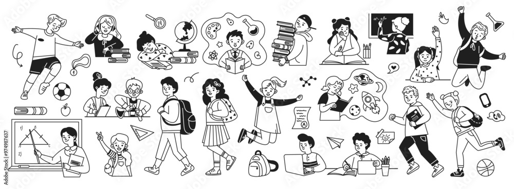 Happy students and teachers doodle line cartoon illustration set. Back ...
