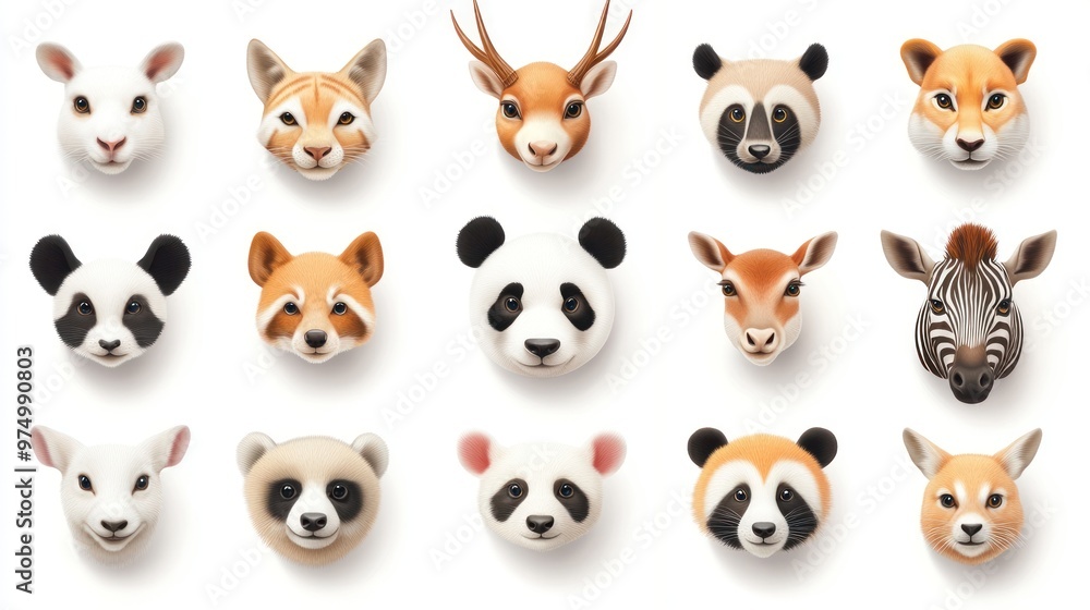 Realistic colorful animal faces, including panda face, rabbit head, dog ...