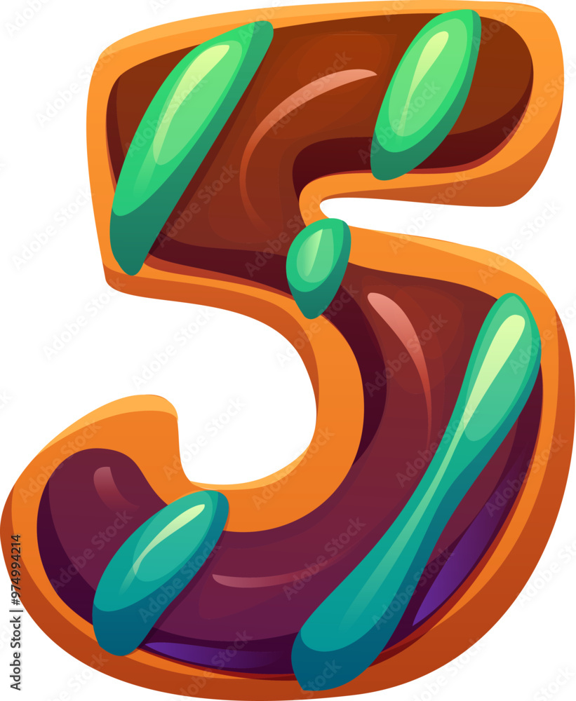 Cartoon number five chocolate candy with green jelly drips ...