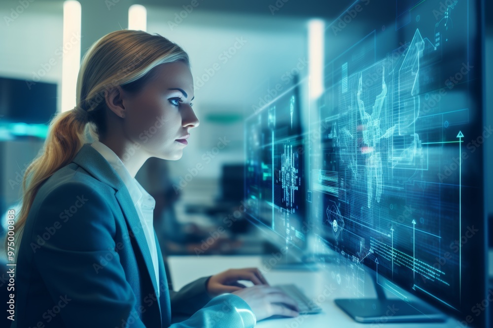 A skilled programmer focuses intently on designing a website with a ...