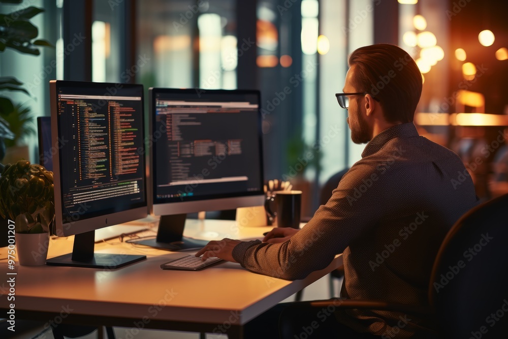 In a contemporary IT office, a programmer sits at his desk, intently typing on his computer ...