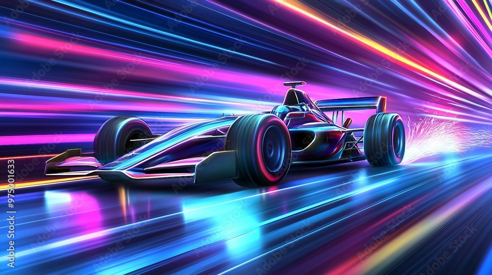 racing car in motion, a Formula 1 one race car speeding on the track ...