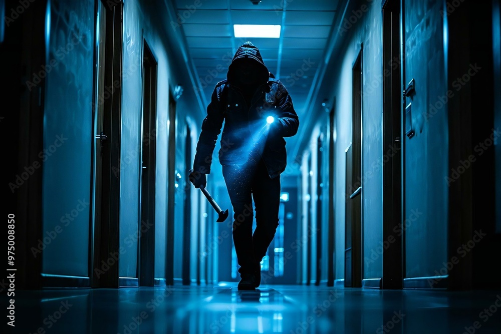 dark and suspenseful photo of a burglar with a flashlight and crowbar ...