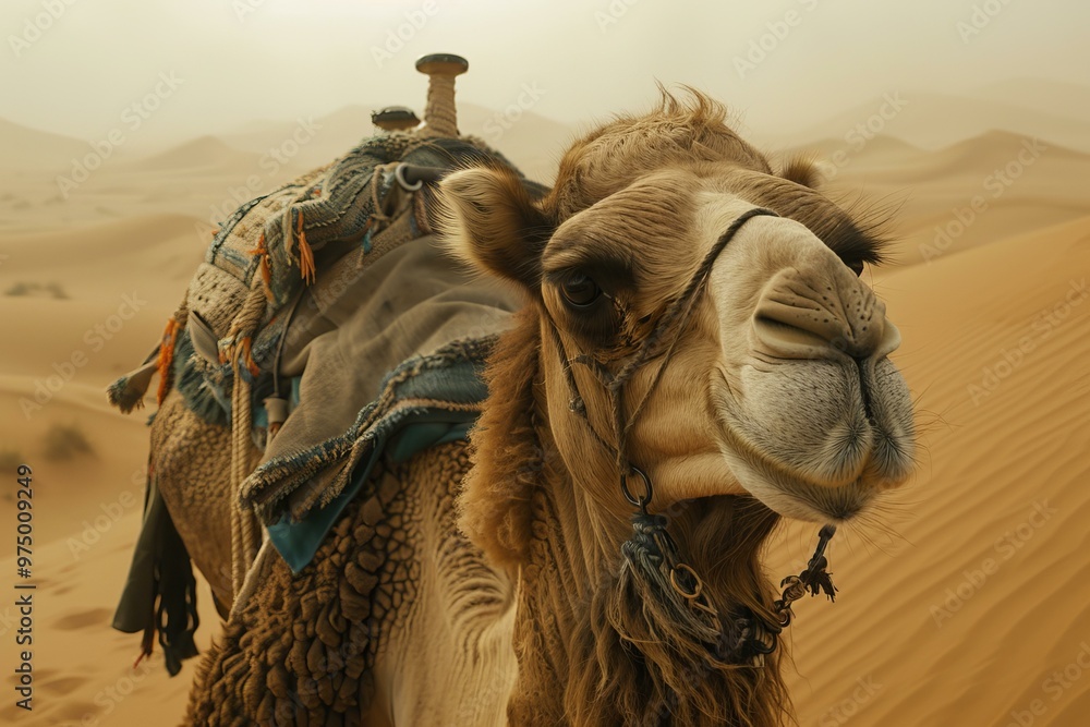 Camel wearing traditional gear standing in the heat of the sahara ...
