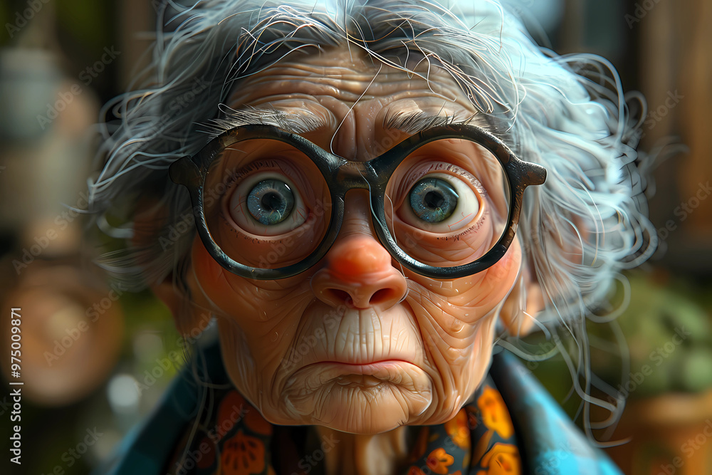 An old woman with wrinkled skin, wearing oversized glasses, is rendered ...