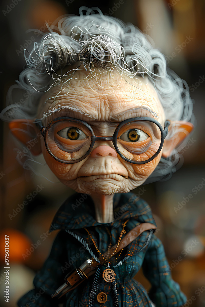 An old woman, wearing round glasses and rendered in a charming 3D ...