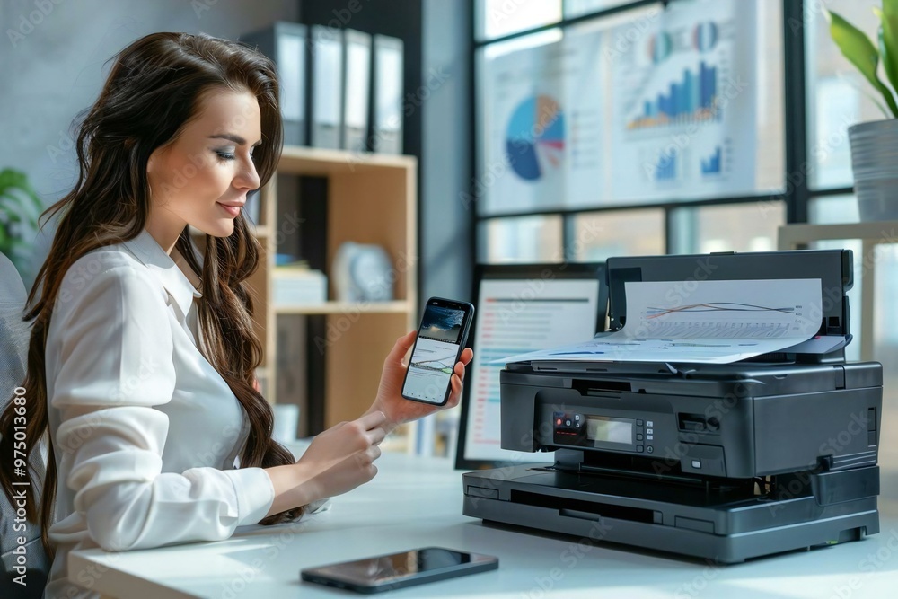 young businesswoman at her desk using her mobile phone to send a graph ...