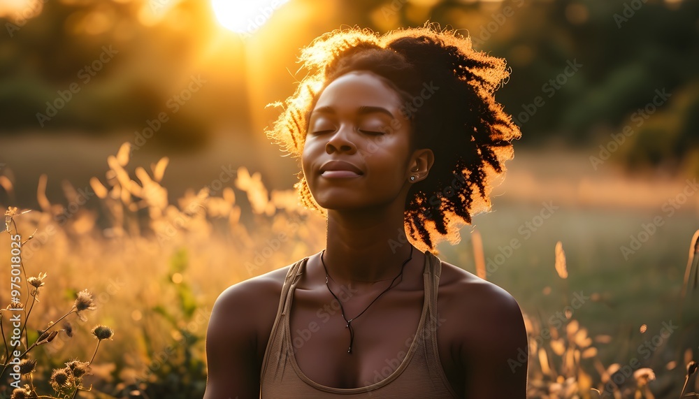 Serene Meditation of Joyful Young Black Woman in Nature at Sunset ...