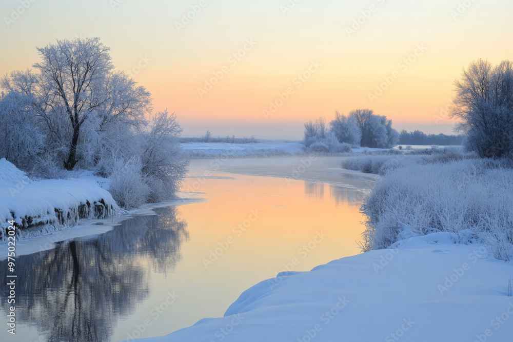 A tranquil river cutting through a snowy landscape with a gradient sky ...
