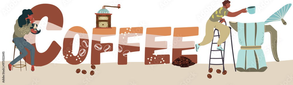 Text coffee, people tiny, with ogorem letters, character, coffeemania ...
