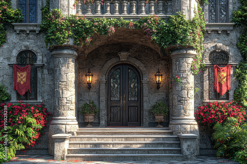 A front porch designed as a castle battlement, with stone columns and ...