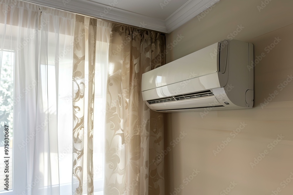 Modern air conditioner is cooling a room next to a window with curtains ...