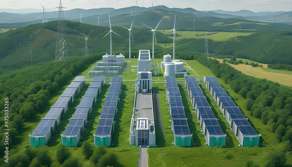Aerial perspective of a battery energy storage system with a substation ...
