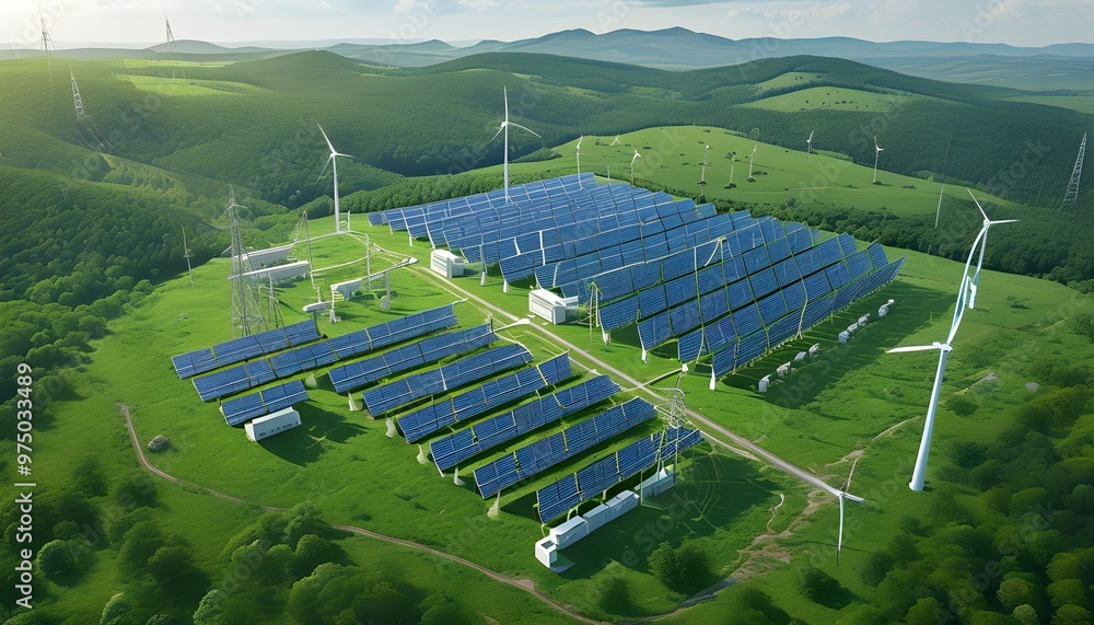 Aerial perspective of a battery energy storage system with a substation ...