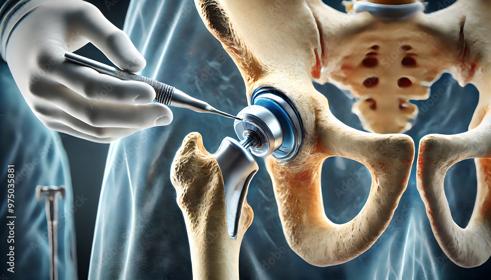 3D Bone: Hip replacement surgery, surgeon replacing damaged hip joint ...