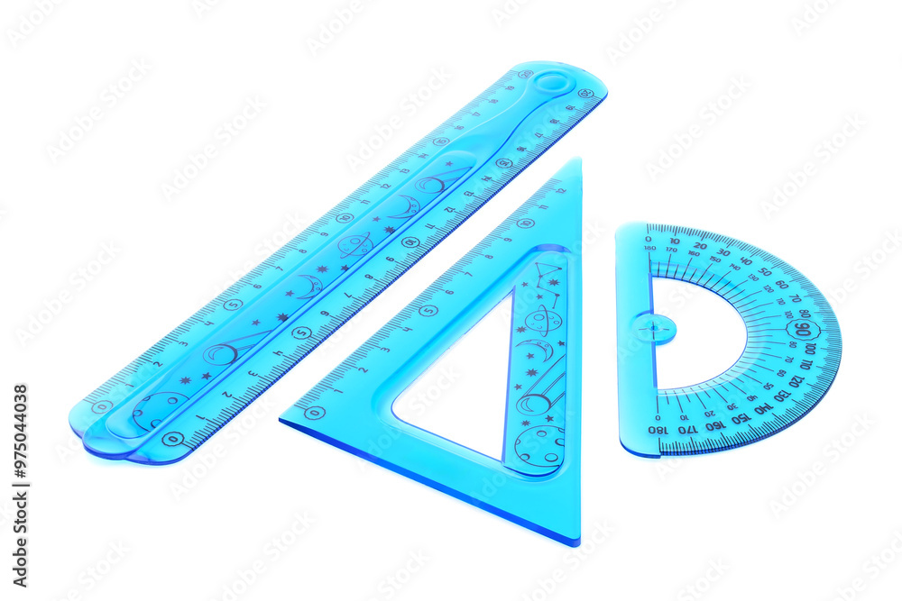 flexible, bendable, ruler and drawing protractor, blue triangle ...