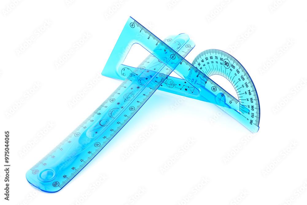 flexible, bendable, ruler and drawing protractor, blue triangle ...
