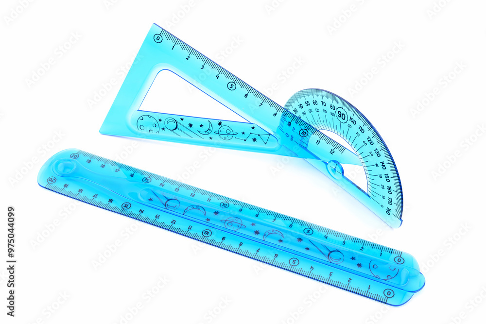 flexible, bendable, ruler and drawing protractor, blue triangle ...