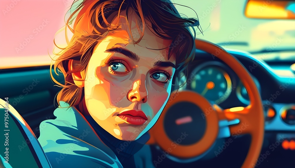 Confused individual in a vibrant car interior, illuminated dashboard ...