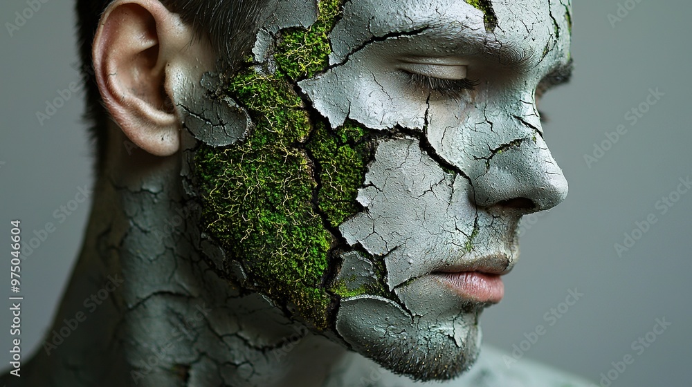 A man with white paint and green moss on his face is depicted in the ...