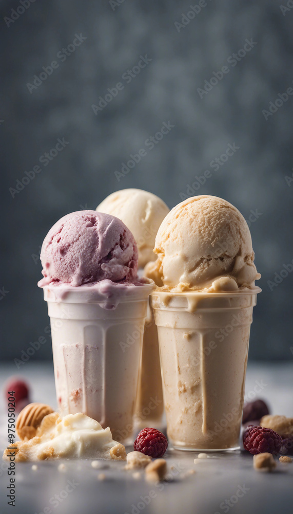 Four servings of different flavors of ice cream verticalFour servings ...
