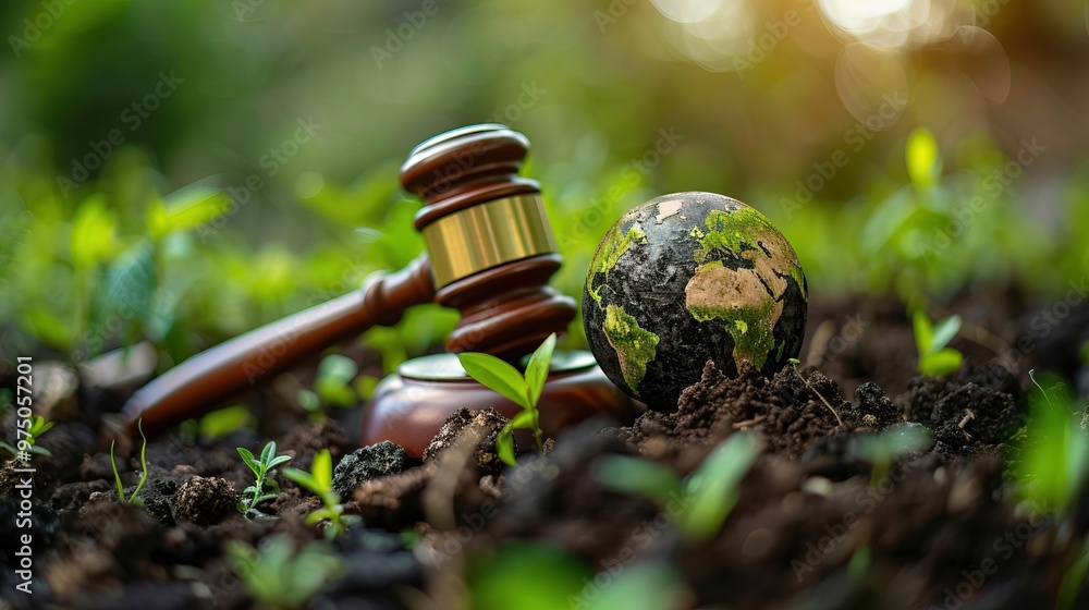 Gavel and green eco Earth globe, international law and green energy concept, sustainable ...