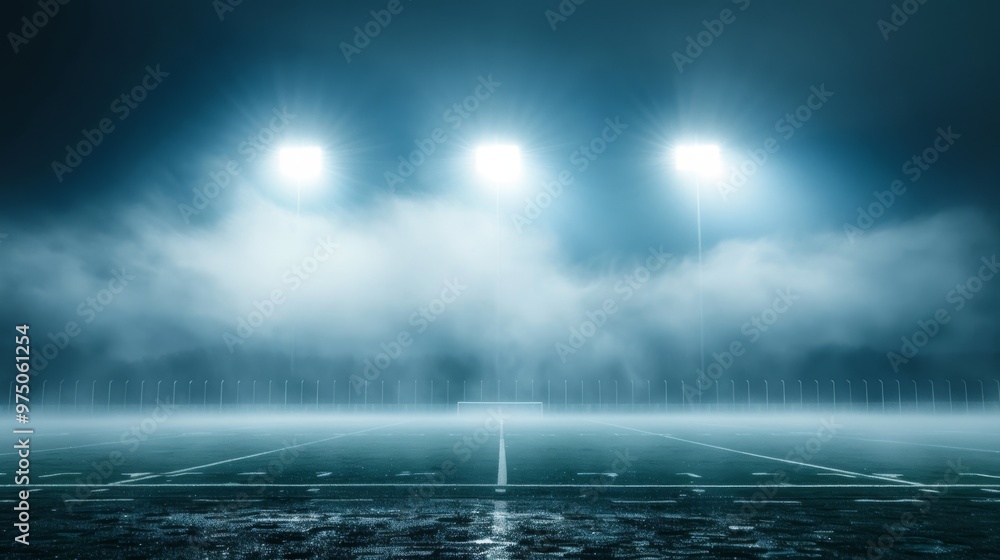 Photo A foggy football field illuminated by bright stadium lights ...