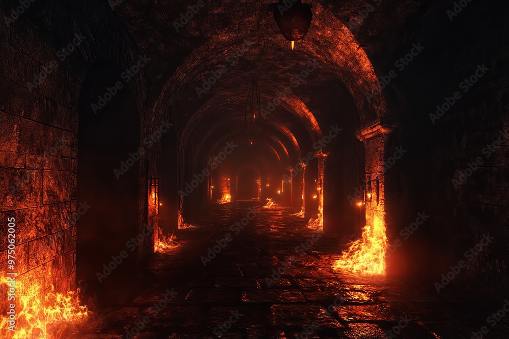 Dark medieval dungeon corridor illuminated by fiery flames along the ...