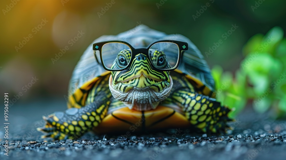 Cute little green turtle with glasses in front of studio background ...