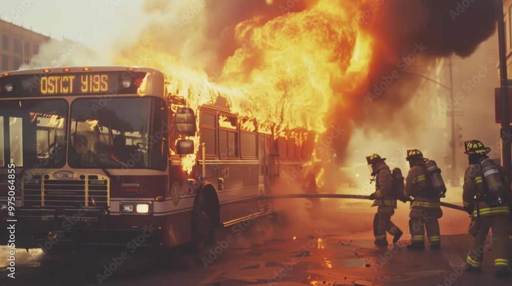 Firefighters battling a massive fire engulfing a city bus amidst thick ...