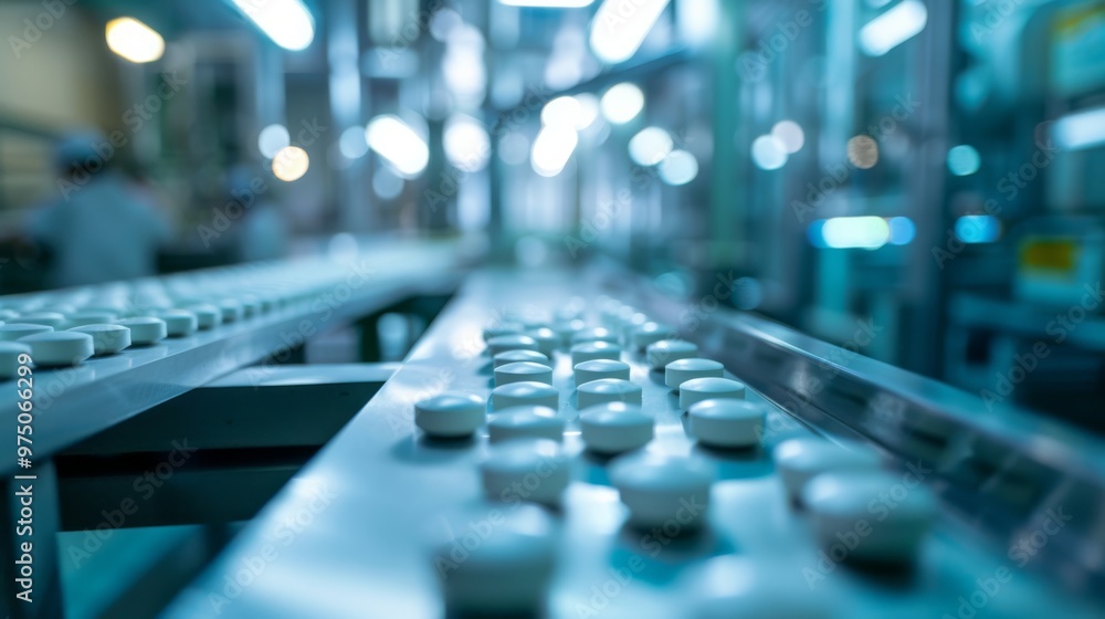 Pills move swiftly on an assembly line in a pharmaceutical factory ...