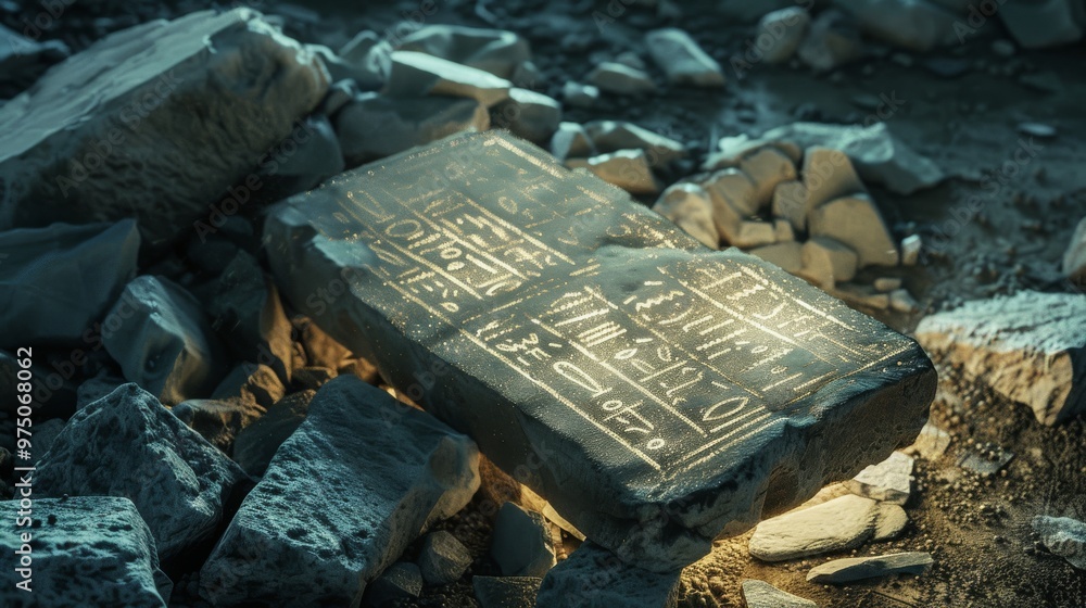 An ancient engraved stone tablet with hieroglyphics, lying amidst ...