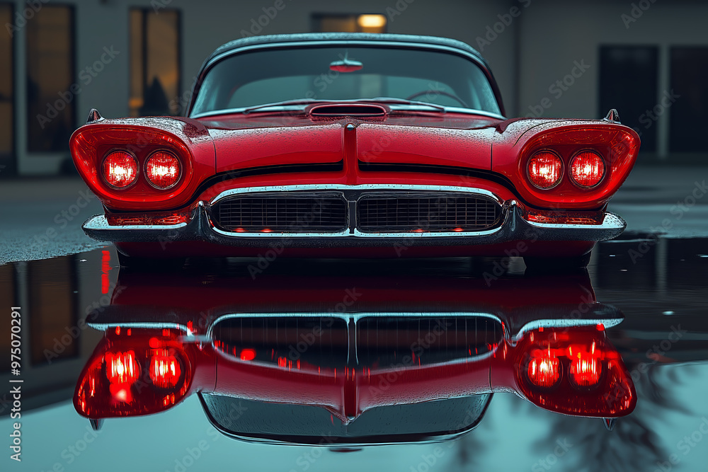 Red Classic Car Front View with Reflection in Rain: Bold front-facing ...