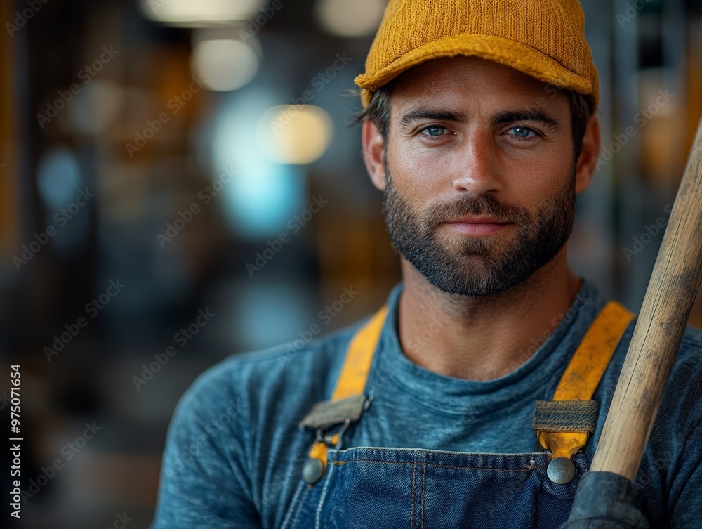 Configured as a lumberjack, this bearded worker dressed in denim and ...