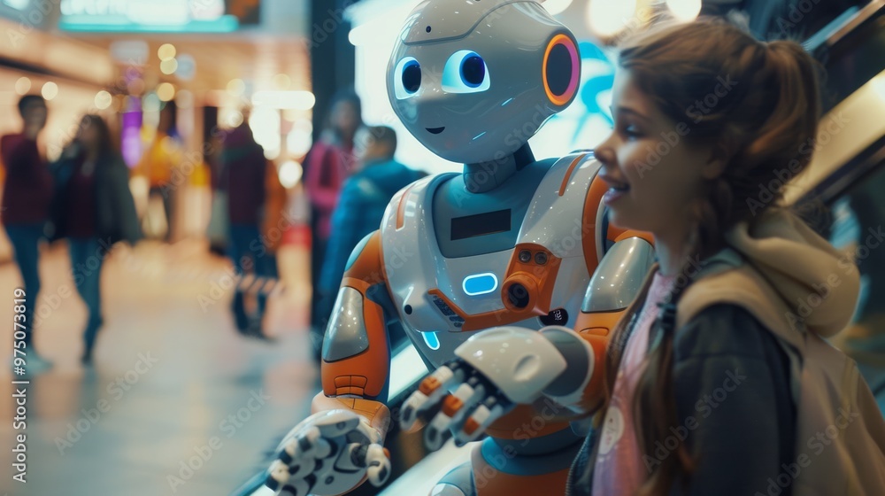 A child engaging with an advanced, friendly robot in a bustling ...