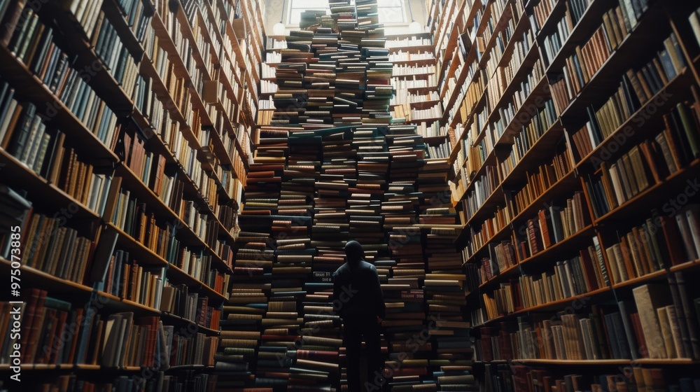 A person stands dwarfed by towering stacks of books in a vast library ...