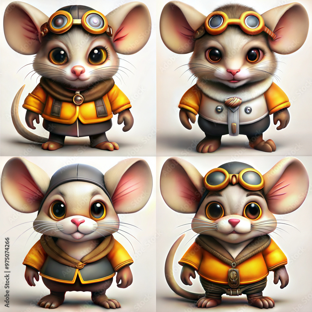 Cartoon mouse character set featuring adorable mice in aviator outfits ...