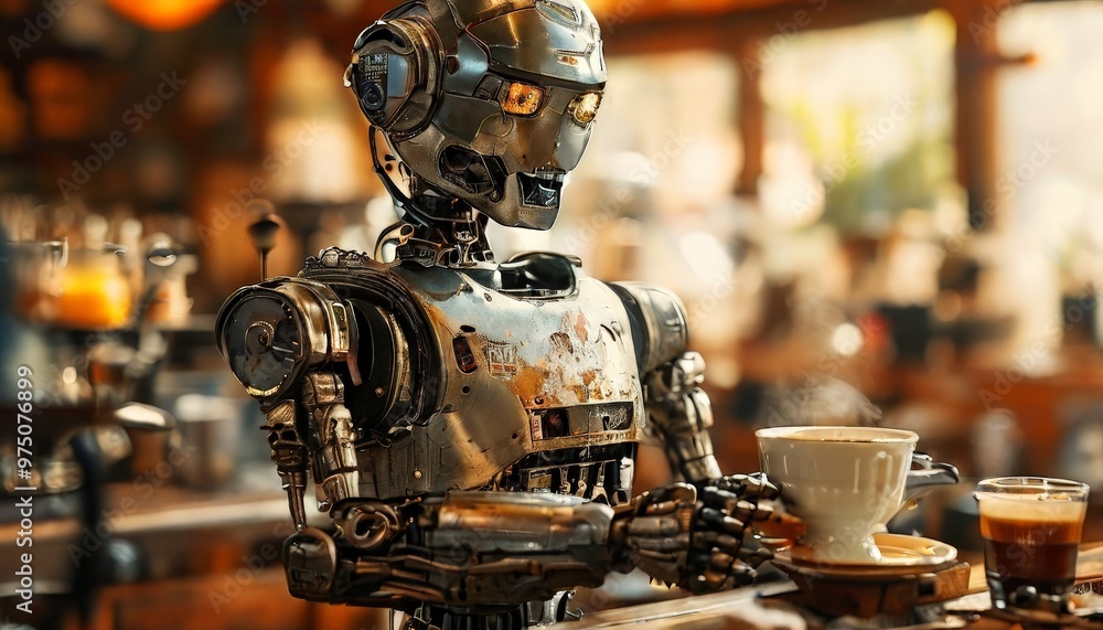 A retro-inspired robot sits at a cafe table, savoring a cup of coffee ...